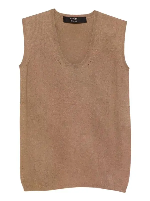 LANVIN Brown Wool Pointelle Knit Vest - Neutrals