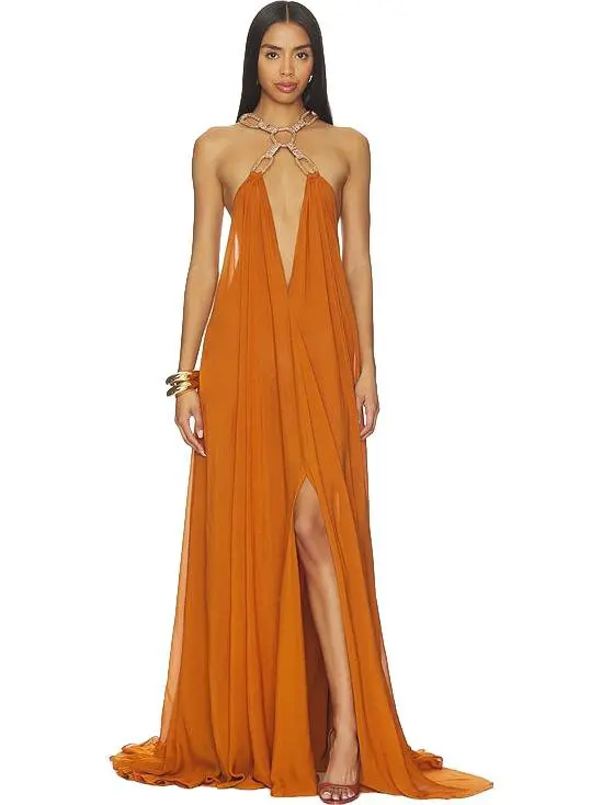 BRONX BANCO Zuri Halterneck Cutout Maxi Dress - Orange