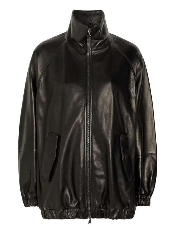 Brunello Cucinelli Funnel Neck Leather Jacket - Black