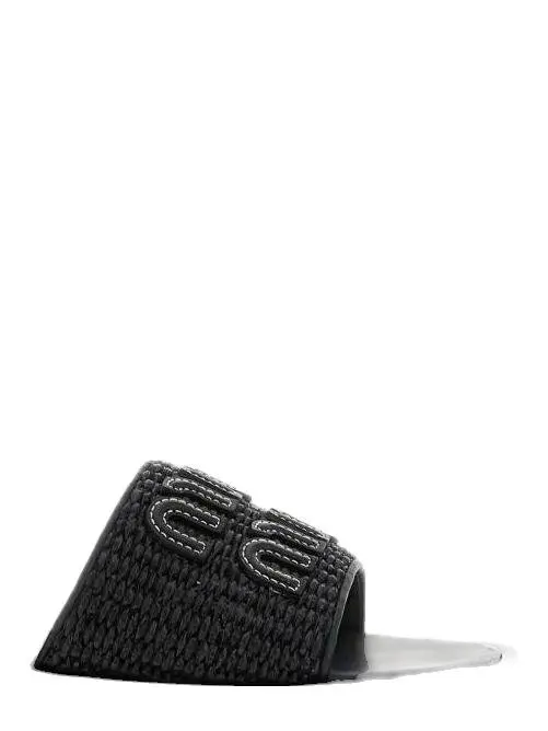 Miu Miu Woven Slides With Logo Patch - Black