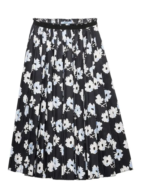Prada Cotton Floral Pleated Midi Skirt - Black