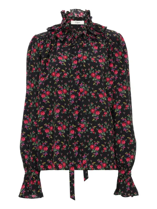Chloé Ruffled Tie-front Blouse In Crêpe De Chine - Multicolor Black