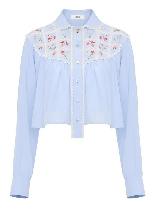 Chloé Cropped Embroidered Shirt - Light Blue