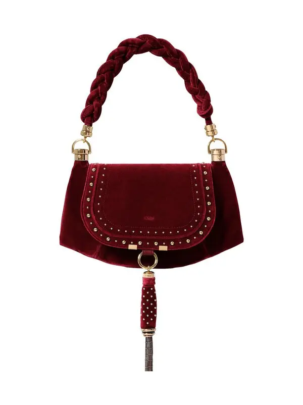 Chloé Studded Velvet Shoulder Bag With Twisted Top Handle - Burnt Red
