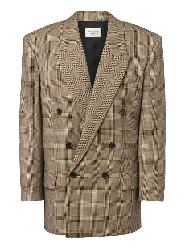 Saint Laurent Double-breasted Prince Of Wales Wool Blazer - Beige