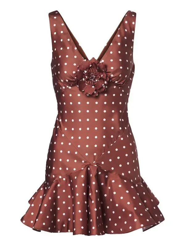 RODARTE Floral-applique Polka-dot Silk Twill Minidress - Brown