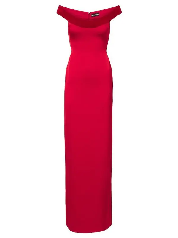 David Koma Velvet-trimmed Off-shoulder Satin Gown - Red