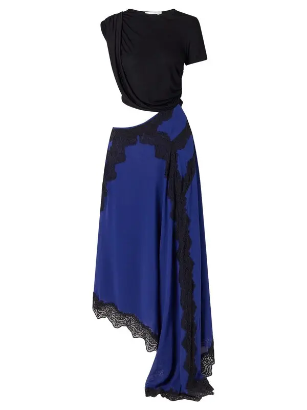 Christopher Esber Verve Asymmetric Lace-trimmed Silk-georgette And Ribbed Jersey Dress - Multi