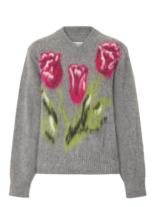 MAISON MARGIELA Floral Intarsia-knit Brushed Wool-blend Sweater - Gray