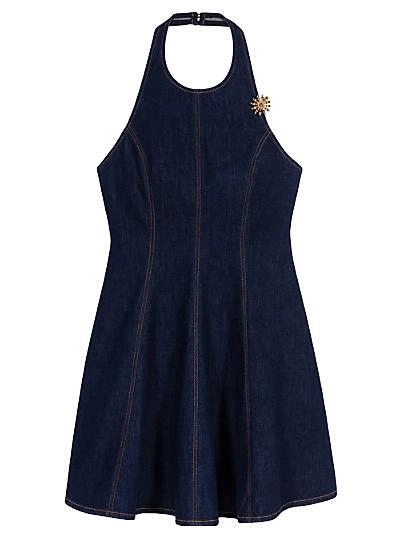 Maje Halterneck Flower-brooch Denim Mini Dress - Navy