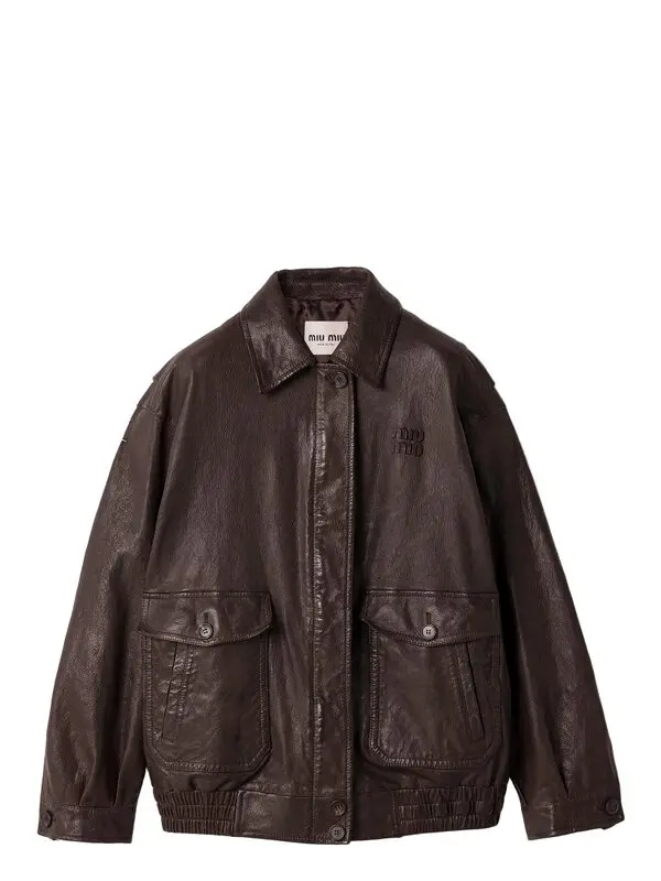 Miu Miu Leather Blouson Jacket - Dark Brown