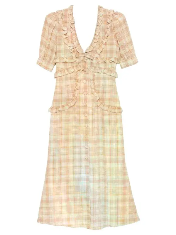 Alessandra Rich Checked Silk Midi Dress - Neutrals