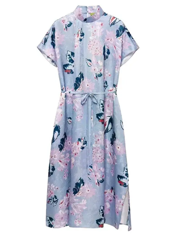 Shanghai Tang Floral Print Silk Midi Dress - Blue