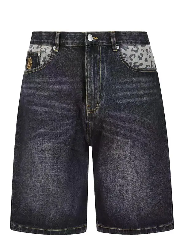 BILLIONAIRE BOYS CLUB Astro Denim Shorts With Leopard Print Accents - Black