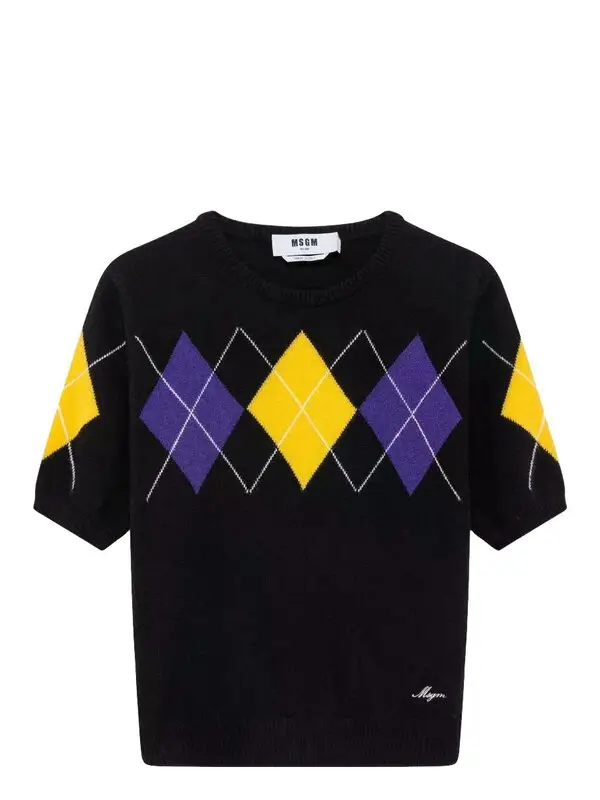 MSGM Short Sleeve Argyle Sweater - Black