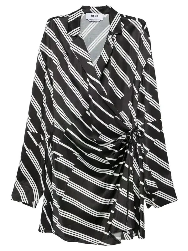 MSGM Striped Wrap Mini Dress - Black