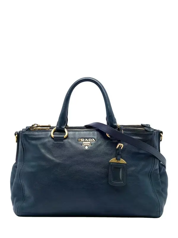 Prada 2010-2026 Soft Calf Double Zip Convertible Tote Satchel - Blue