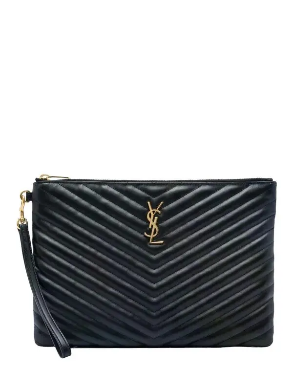 Saint Laurent Chevron Calfskin Monogram Tablet Pouch Clutch Bag - Black
