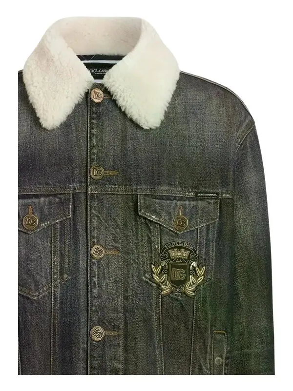 Dolce & Gabbana Denim Jacket With Logo Patch And Fur Collar - Grey