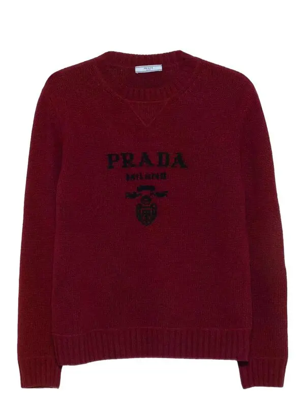 Prada Logo Intarsia Knit Crewneck Sweater - Red
