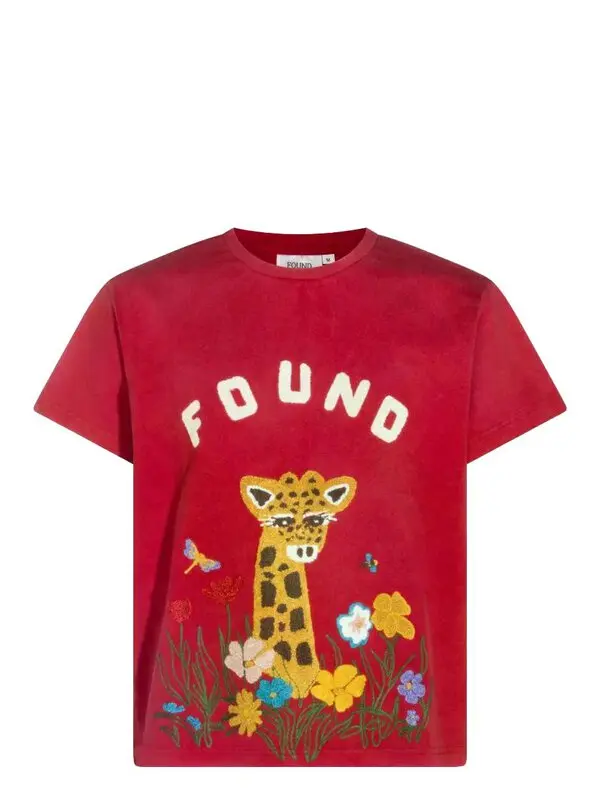 FOUND Giraffe-embroidered Cotton T-shirt - Red