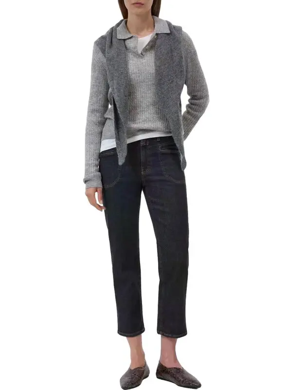 Closed Ribbed Knit Long Sleeve Polo Shirt - Grey
