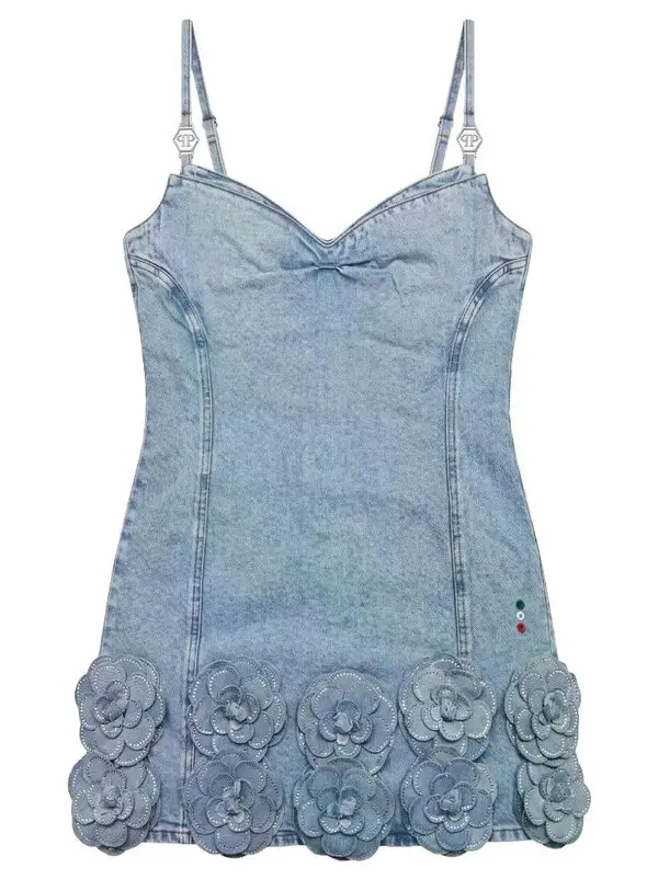Philipp Plein Denim Mini Dress Roses Strass - Blue