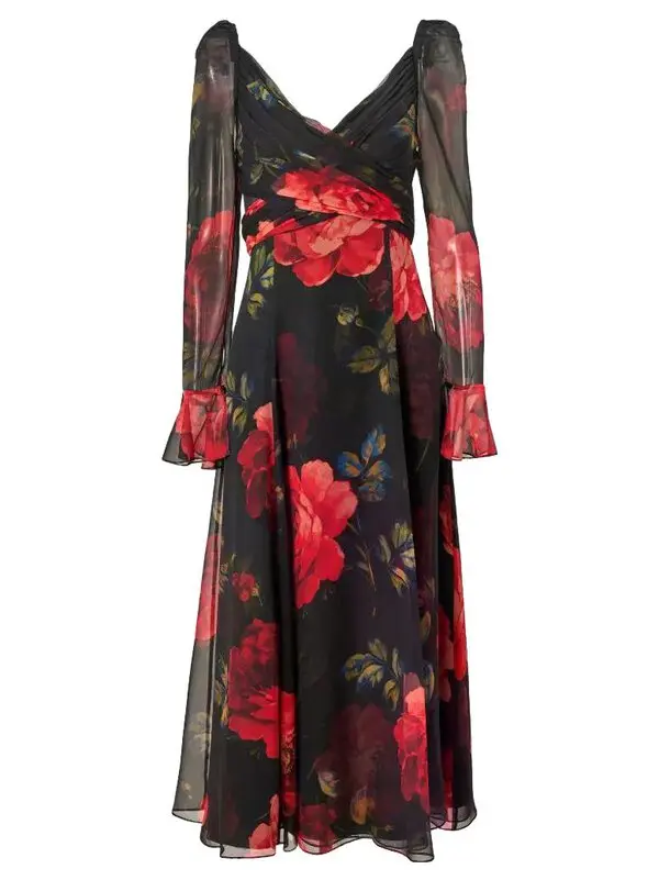 Carolina Herrera Rose-print Silk Midi Dress - Black