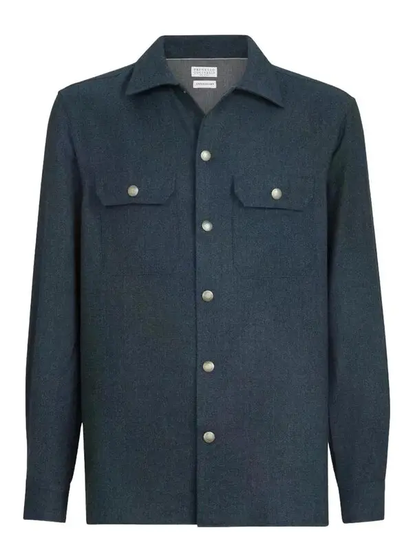Brunello Cucinelli Virgin-wool Flannel Overshirt With Spread-collar And Chest-pockets - Blue
