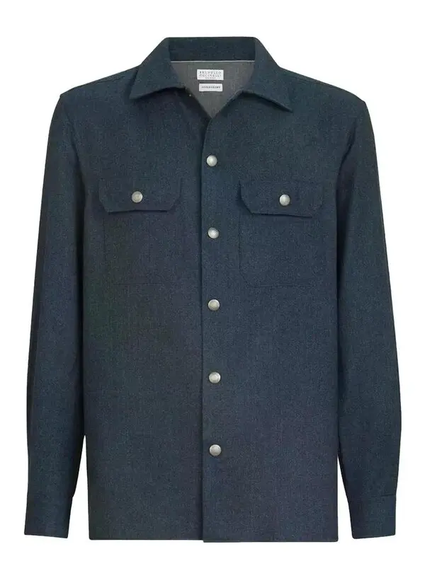 Brunello Cucinelli Virgin-wool Flannel Overshirt With Spread-collar And Chest-pockets - Blue