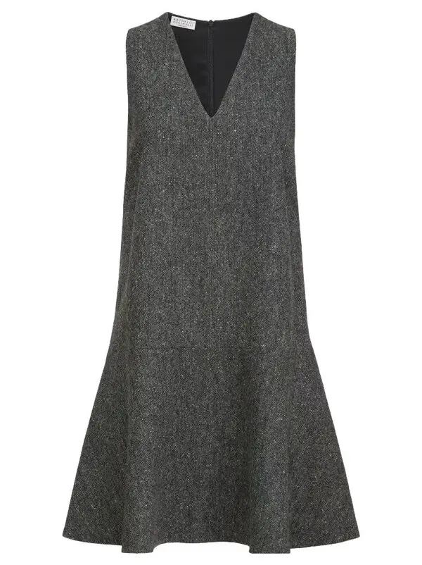 Brunello Cucinelli Virgin-wool Donegal Mini Dress With Monili - Grey