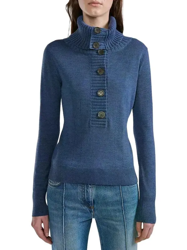Barbara Bui Button-neck Merino Wool Sweater - Blue