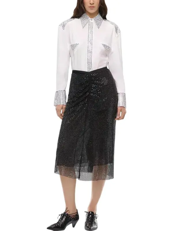 Pinko Mesh-effect Calf-length Skirt With Rhinestones - Black