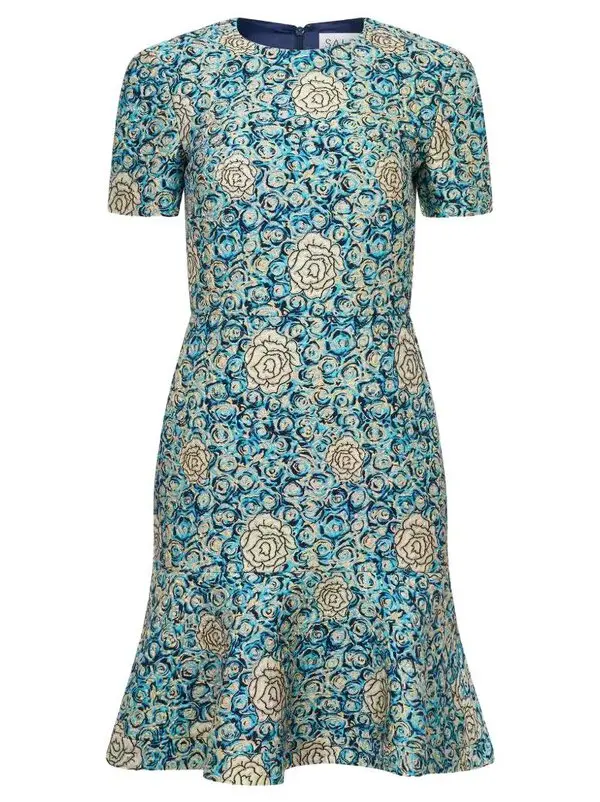 Saloni Rose-motif Brocade Mini Dress - Blue