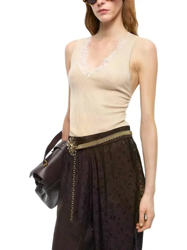 Pinko Silk And Cashmere Blend Vest Top With Lace V-neck - Neutrals
