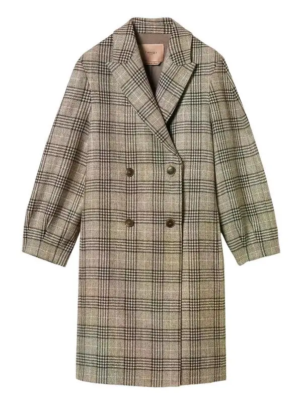 TWINSET Chequered Wool Cloth Coat With Sequins - Neutrals