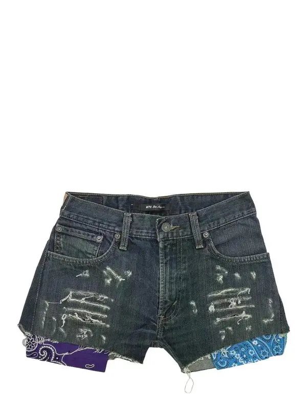 HTC LOS ANGELES Distressed Paisley Bandana Denim Shorts - Blue