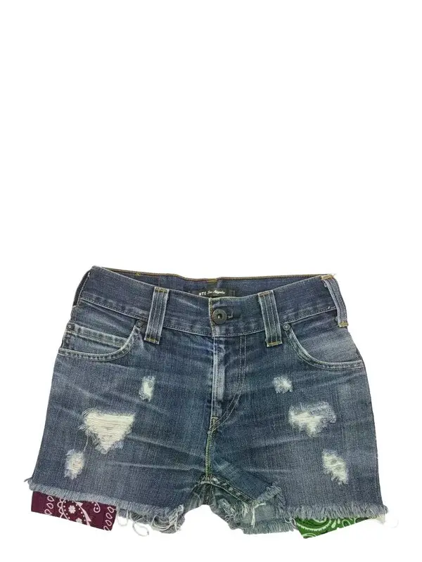 HTC LOS ANGELES Distressed Denim Shorts With Bandana Inserts - Blue
