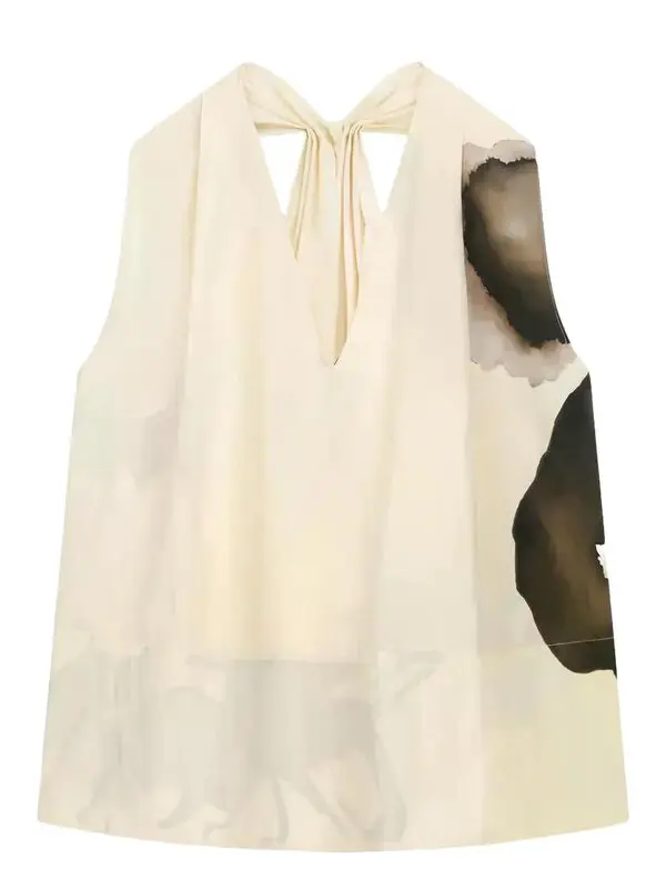 Liviana Conti Sleeveless V-neck Blouse With Floral Print And Silver-tone Brooch Detail - Neutrals