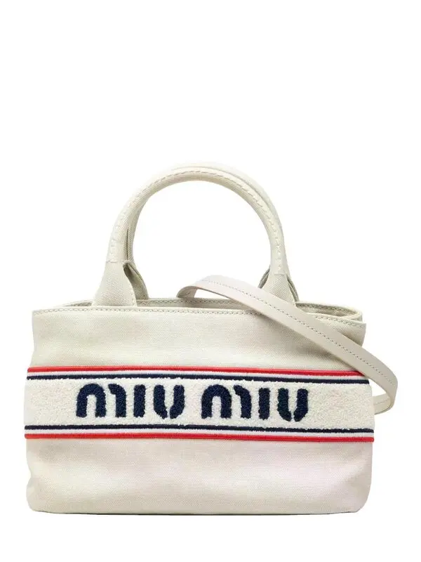 Miu Miu 2010-2026 Cotton Trimmed Embroidered Canvas Logo Convertible Tote Satchel - White