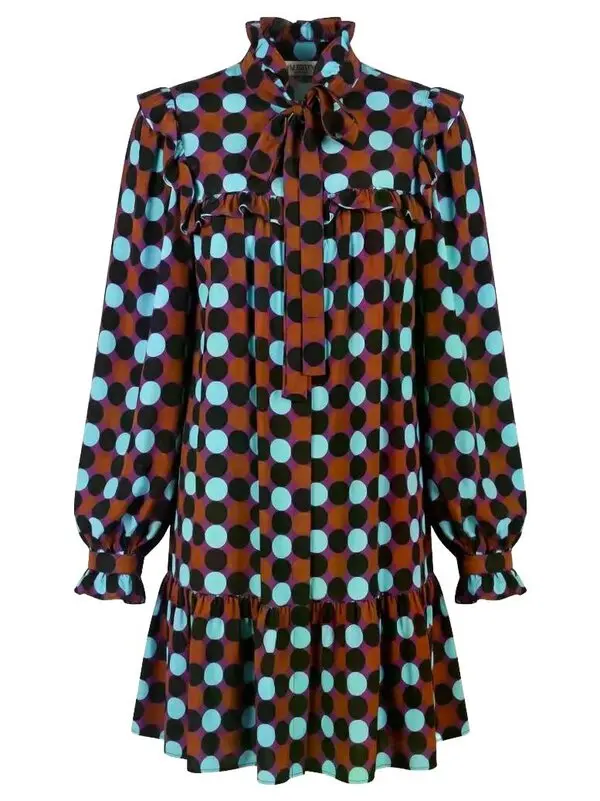 Valentino Garavani Polka Dot Ruffled High Neck Dress - Brown