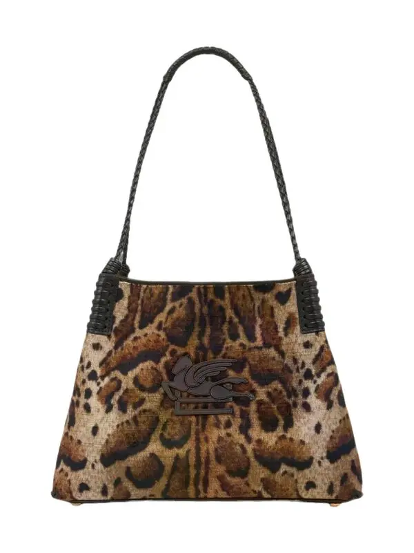 Etro Medium Libra Tote Bag In Velvet With Leopard Motif - Neutrals