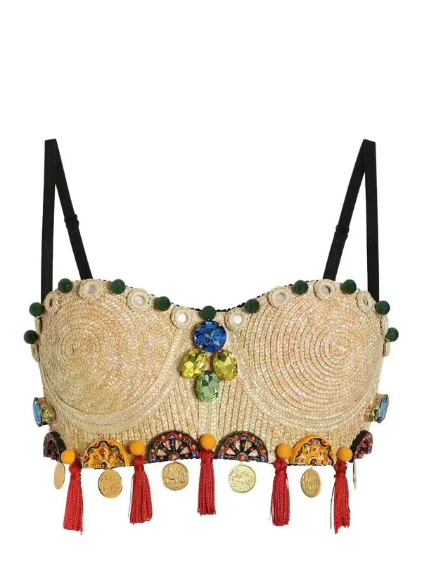 Dolce & Gabbana Embroidered Raffia Bustier Top - Neutrals