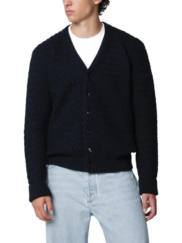 Bottega Veneta Intrecciato Wool Cardigan In Midnight - Blue