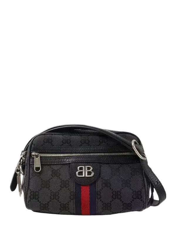 Balenciaga Bb Monogram Canvas Shoulder Bag With Web Stripe - Black