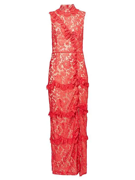 Alessandra Rich High-neck Ruffled Lace Midi Dress - Red
