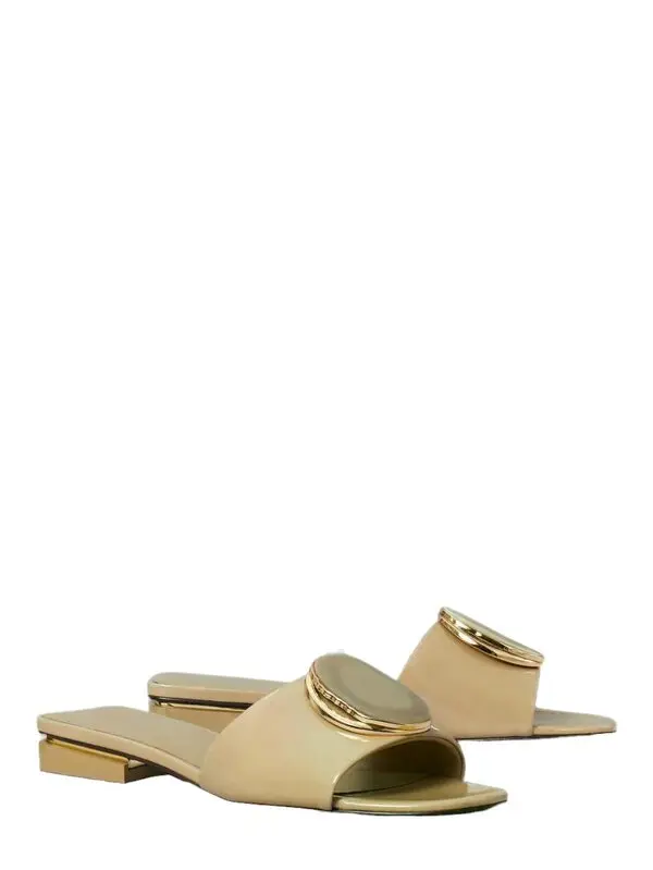 Tory Burch Patent Leather Heeled Slides With Geode Embellishment - Neutrals