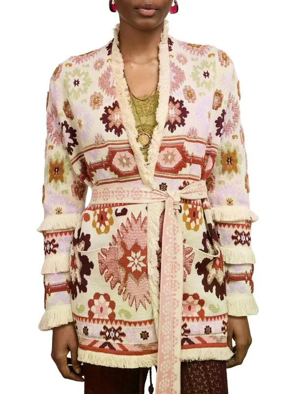 HAYLEY MENZIES Soraya Fringed Jacquard Cardigan - Neutrals