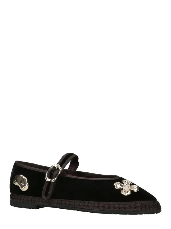 FLABELUS Mae Pierre Velvet Mary Jane Flats - Black