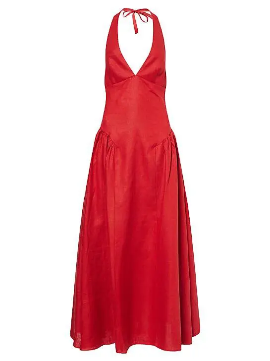 Faithfull The Brand La Cala Halter-neck Linen Midi Dress - Chilli